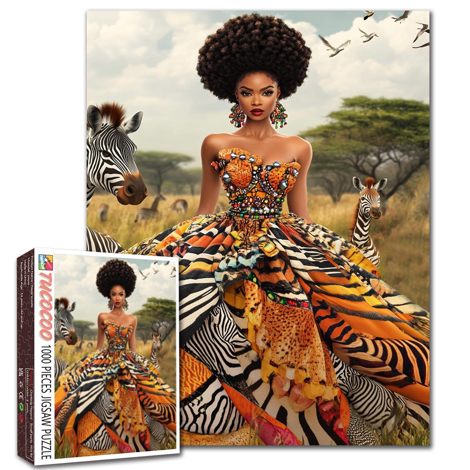 Regal African Beauty in Wild Pattern Gown Jigsaw Puzzle – Tucocoo