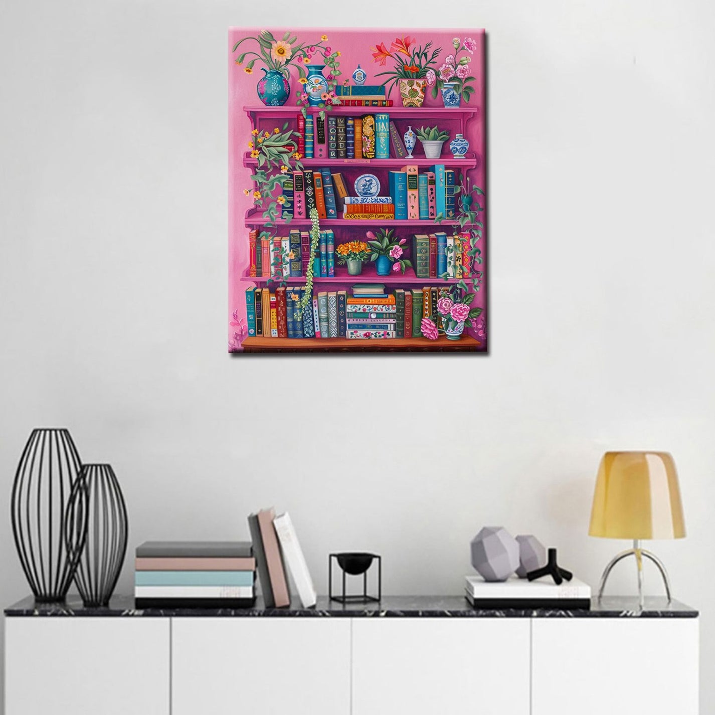 Floral Bookshelf with Elegant Vases Paint by Numbers – Tucocoo