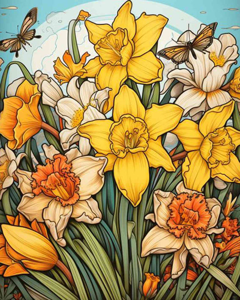 Blooming Yellow Daffodils with Butterflies Paint by Numbers – Tucocoo
