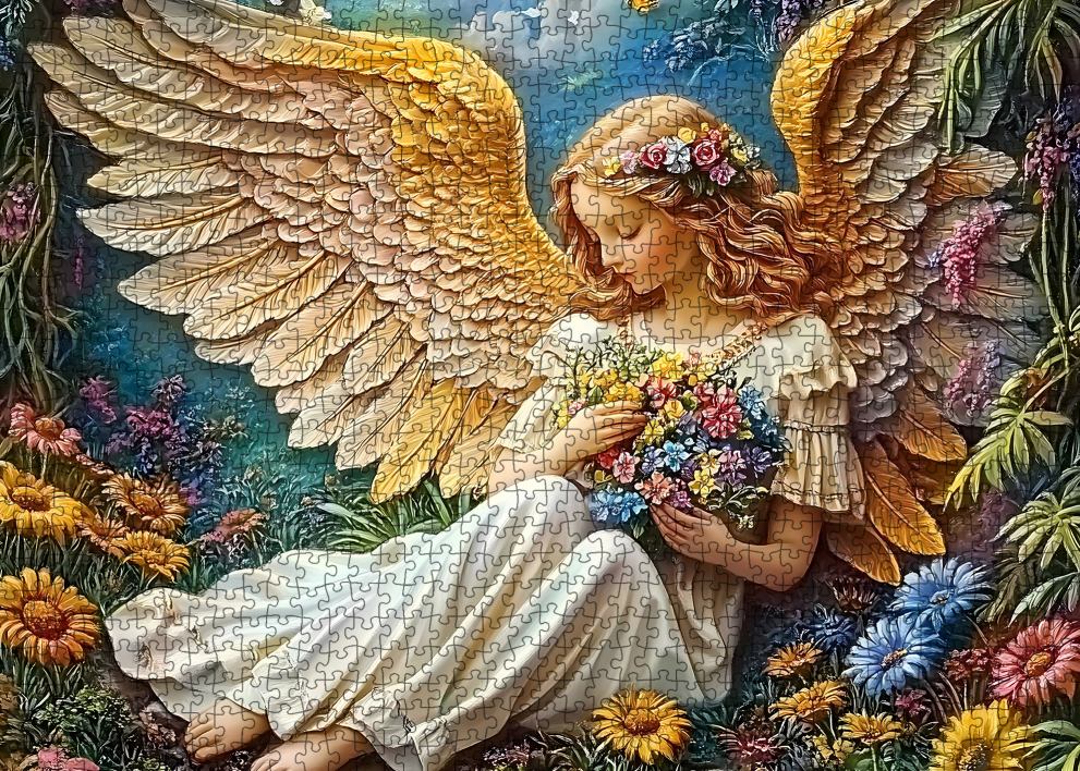 Golden Wing Angel in Flower Meadow Jigsaw Puzzle – Tucocoo