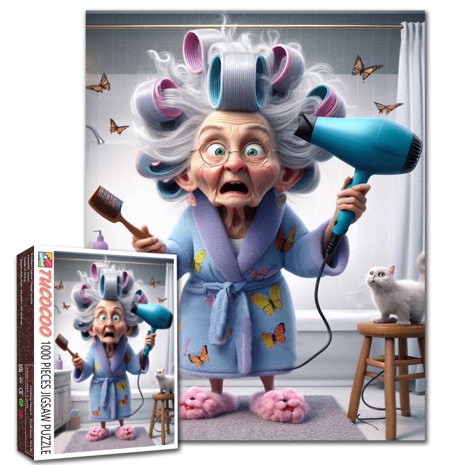 Hair Dryer Panic Granny Jigsaw Puzzle – Tucocoo