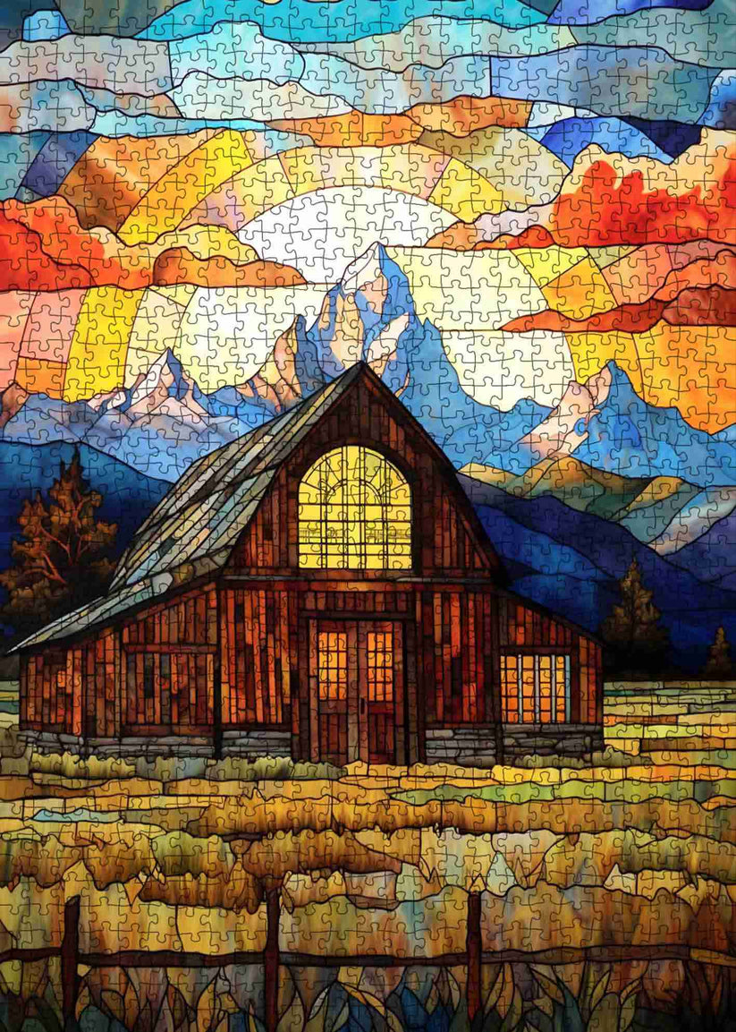 Stained Glass Mountain Barn Jigsaw Puzzle – Tucocoo