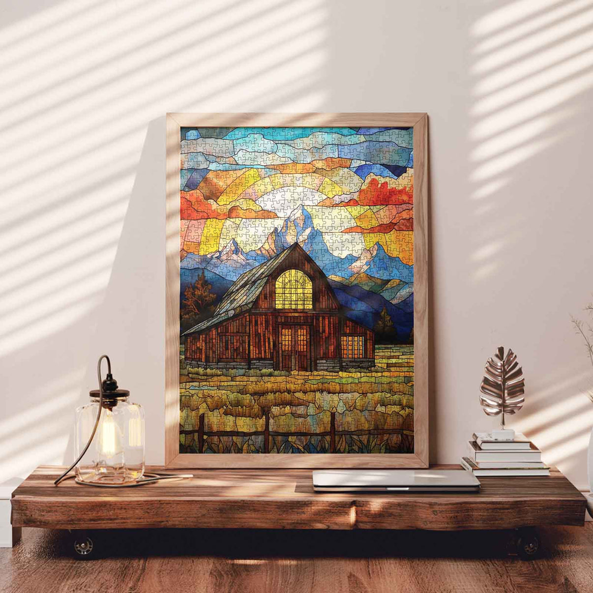 Stained Glass Mountain Barn Jigsaw Puzzle – Tucocoo