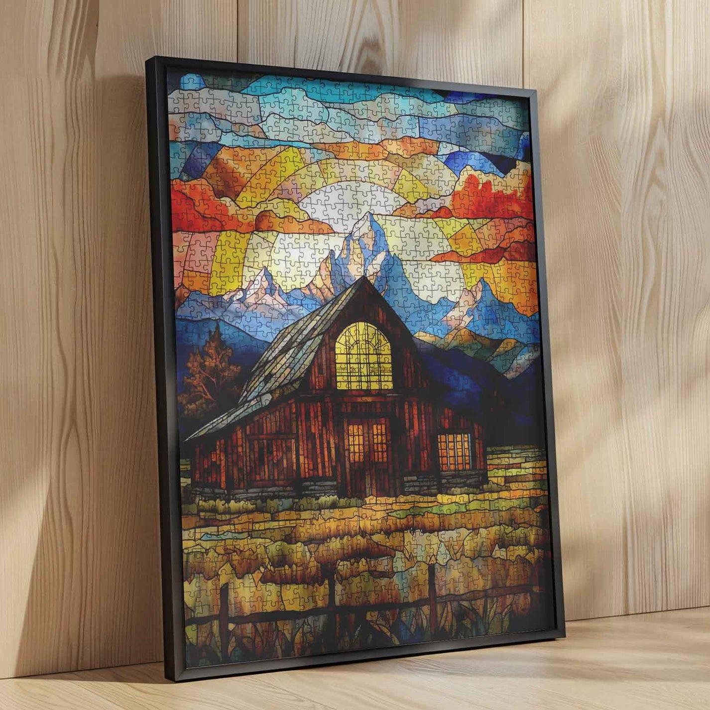 Stained Glass Mountain Barn Jigsaw Puzzle – Tucocoo