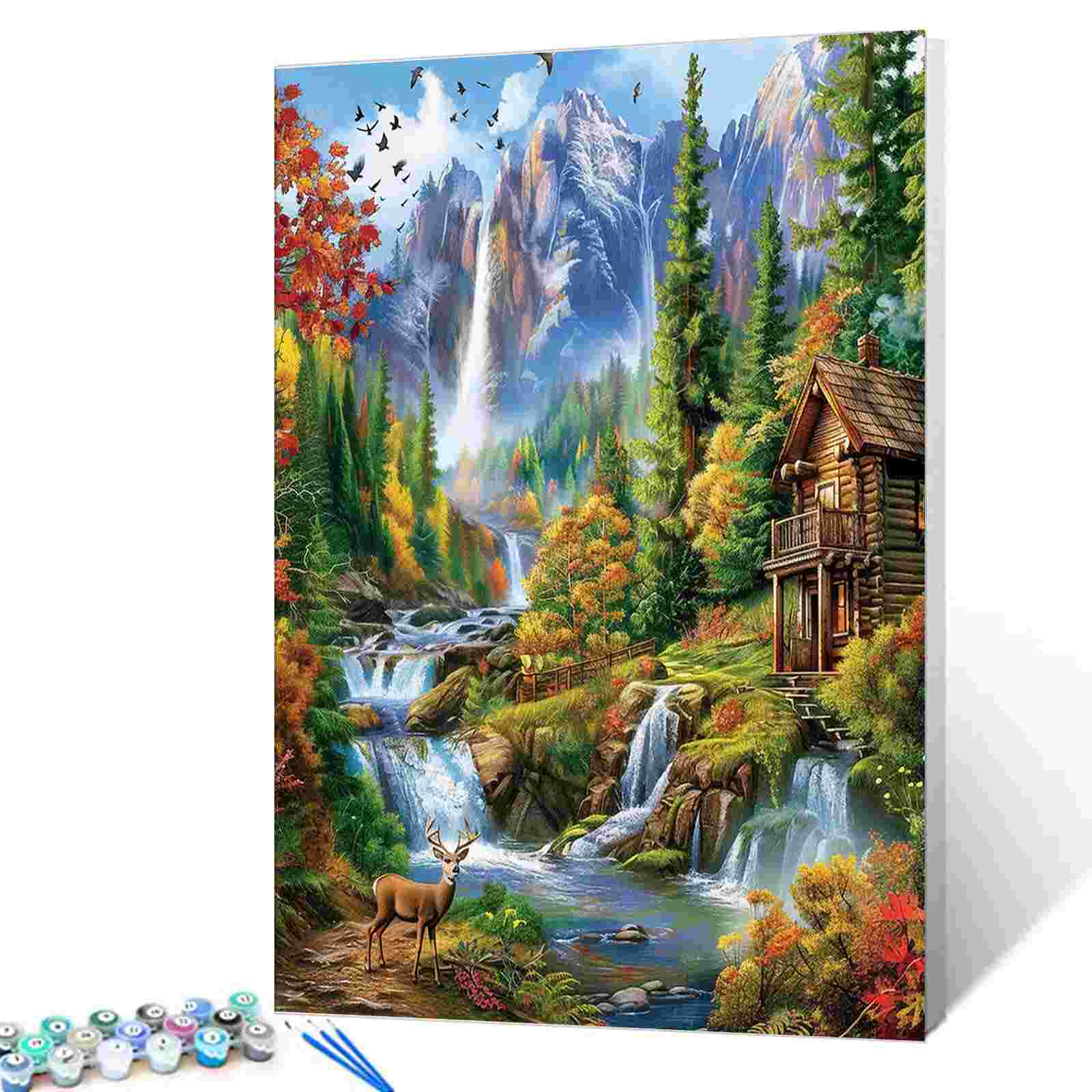 Forest Cabin & Waterfall Paint by Numbers – Tucocoo