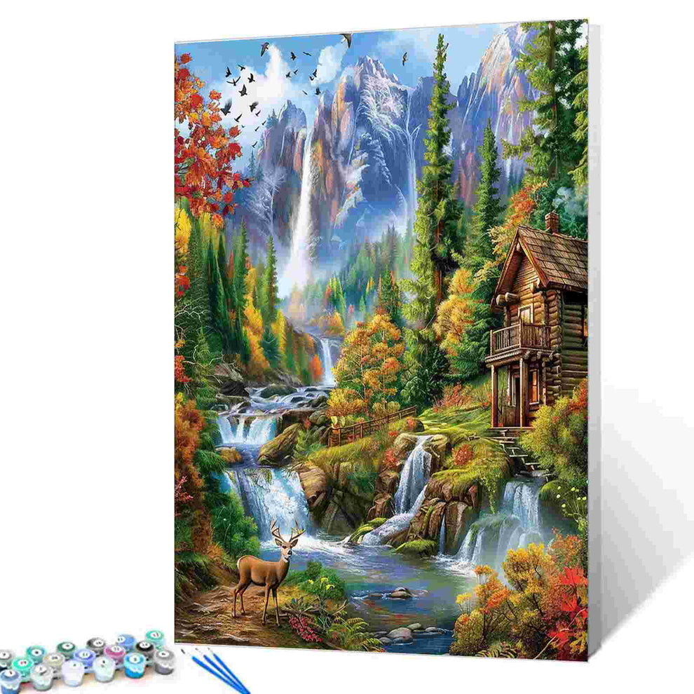 Forest Cabin & Waterfall Paint by Numbers – Tucocoo