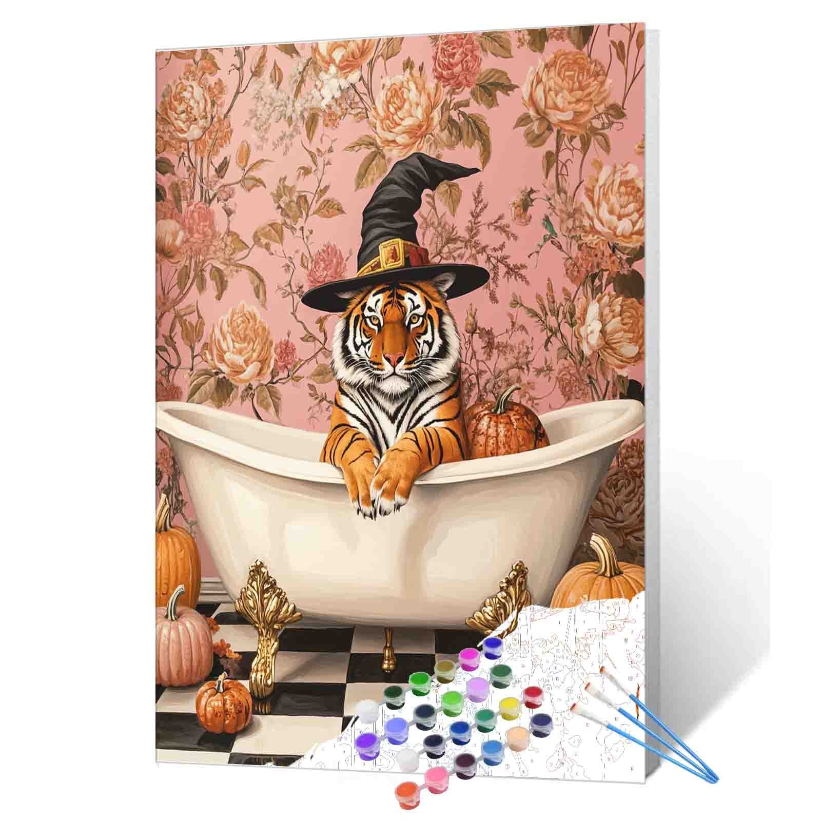 Witch Hat Tiger in Bathtub Paint by Numbers – Tucocoo
