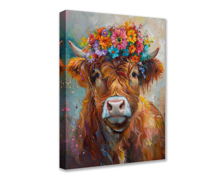 Highland Cow with Colorful Floral Crown Canvas Wall Art – Tucocoo